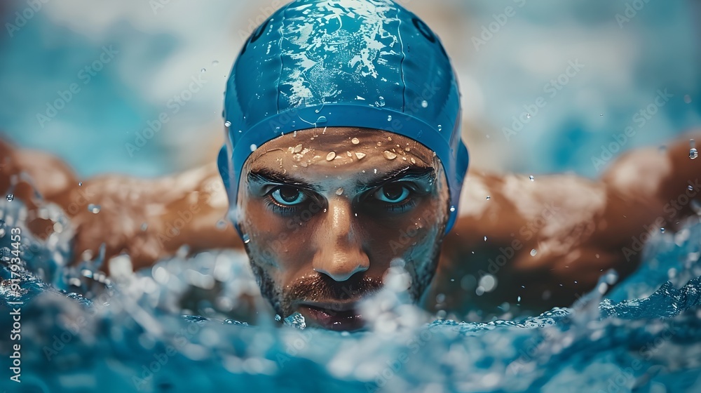 Competitive Swimmer Practicing Laps in Olympic sized Swimming Pool with ...