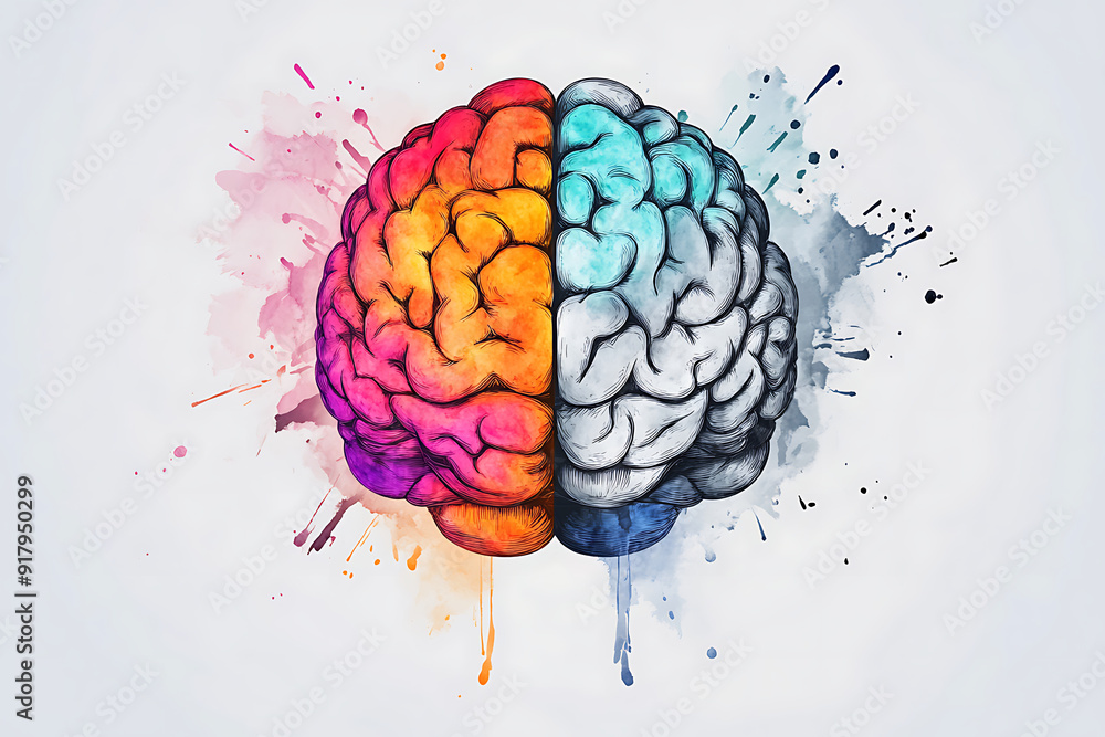 Technical and art hemispheres on human brain in front view, left and ...