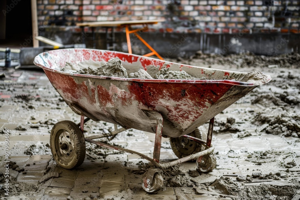 Laying paving stones on the sidewalk. Two-wheeled wheelbarrow for ...