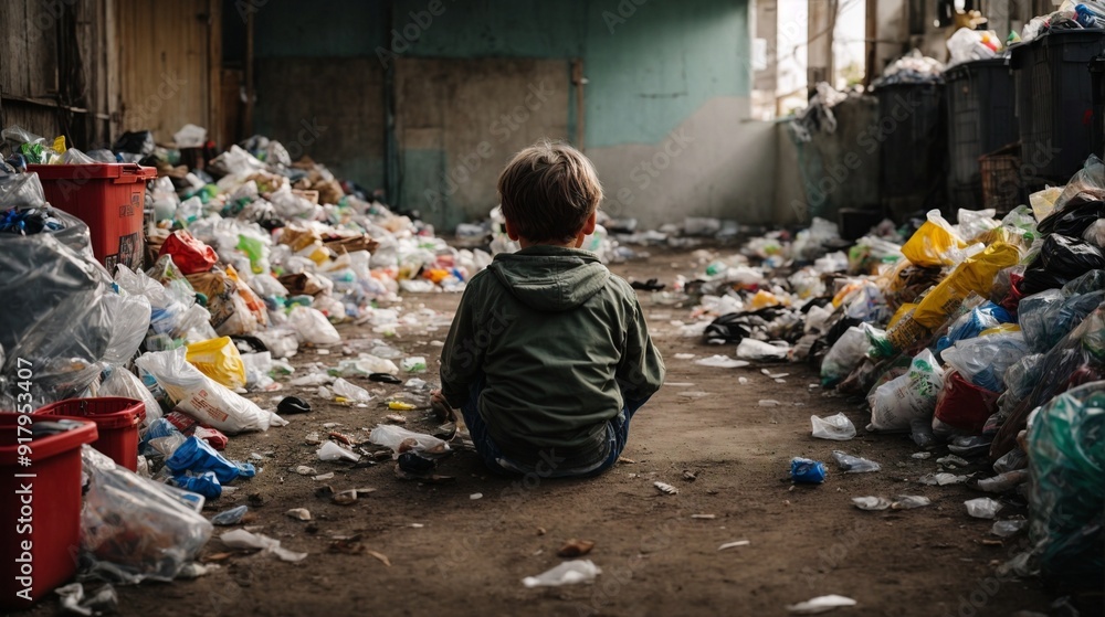 Lost Innocence: A young boy sits amidst piles of garbage, his back ...