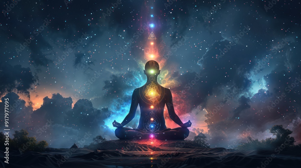 Meditation with chakra light on the body Stock Photo | Adobe Stock