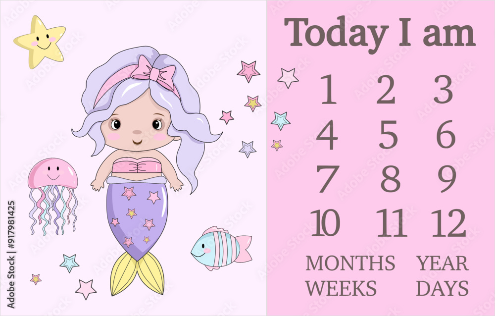 Baby milestone blanket with mermaid, star, fish. Sea.Baby first 12 ...