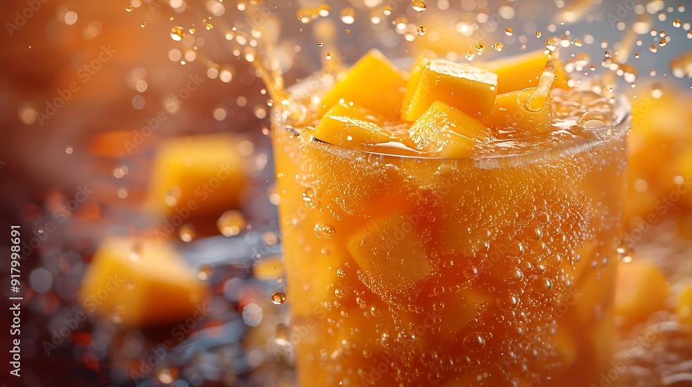 Craft a visually stunning image of mango chunks plunging into a glass ...
