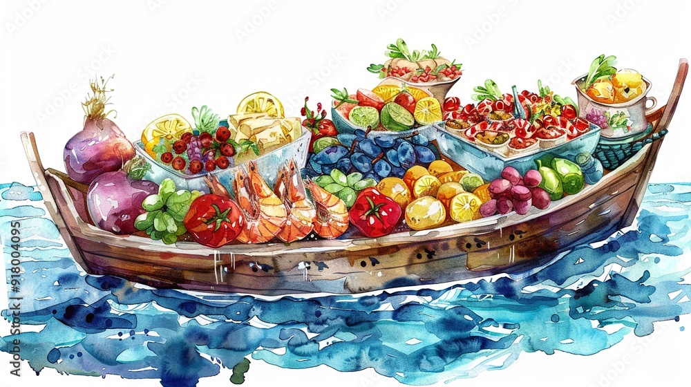 Dinner cruise with a buffet on a boat,Clipart, watercolor illustration ...
