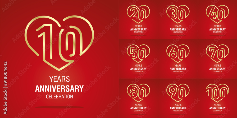 Set of Anniversary decades vector creative design. Golden line art ...