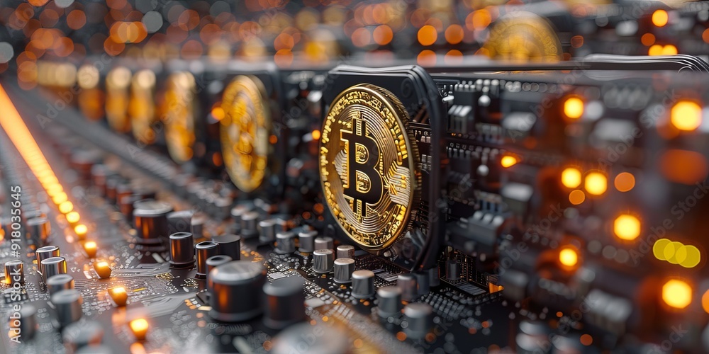 Foto de Stock Bitcoin mining hardware with glowing circuit boards and cryptocurrency symbols ...
