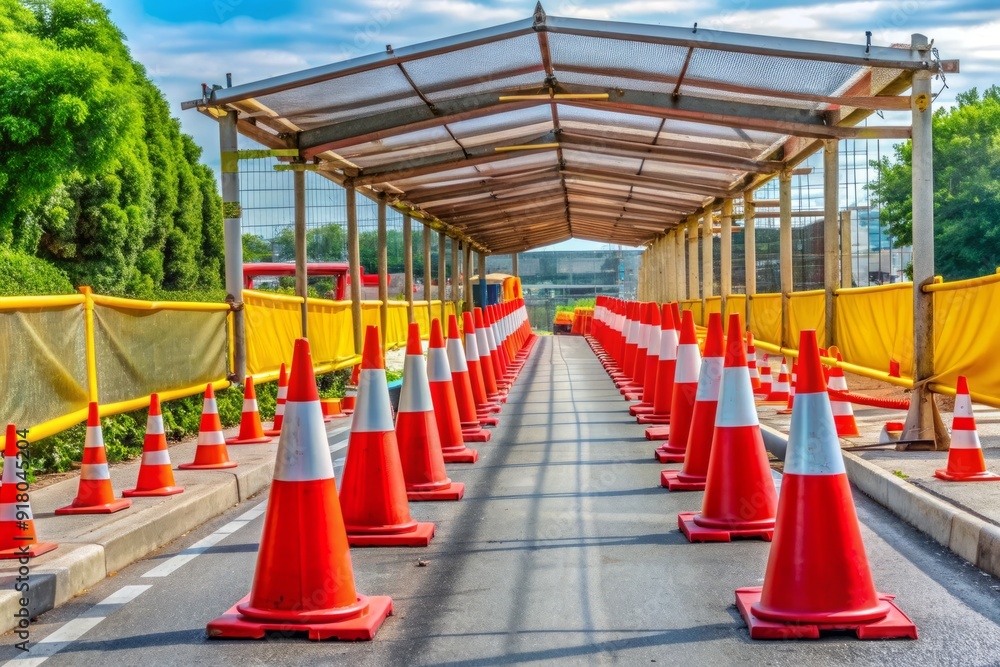 Roadside construction zone with red plastic cones, steel structures ...