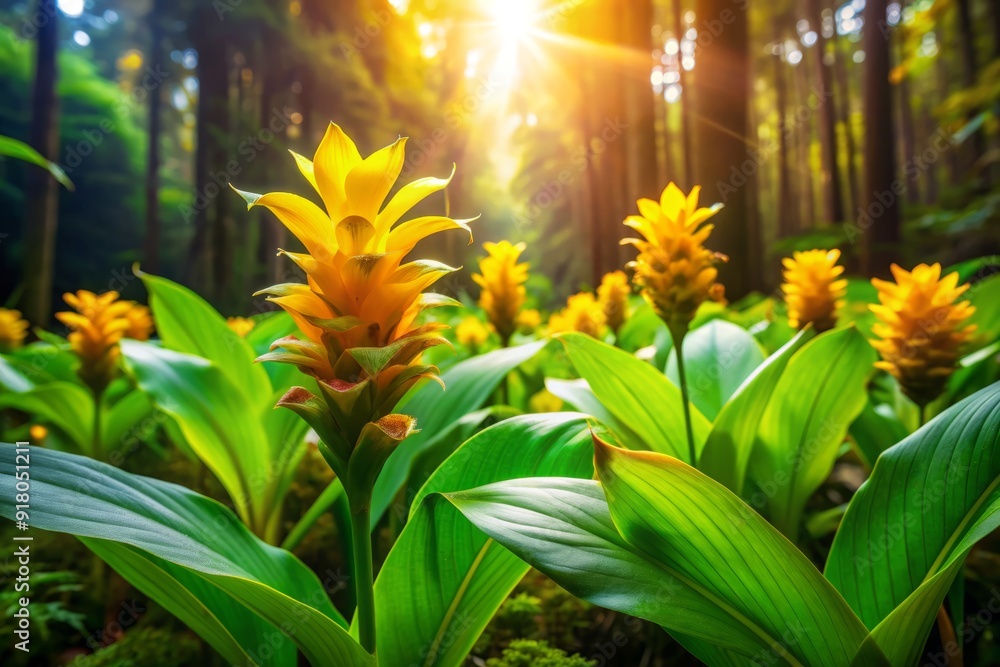 Vibrant yellow turmeric plants with bright green leaves and delicate ...