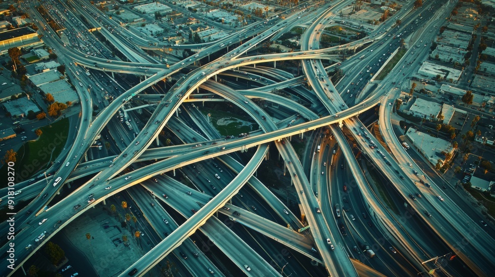 An aerial view of a complex highway interchange, with multiple lanes ...