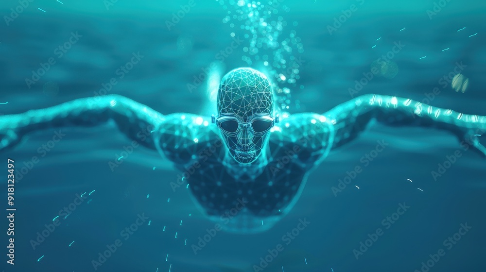 Digital human figure swimming underwater, representing technology and ...