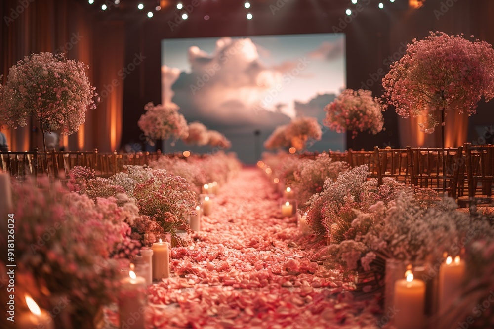 indoor wedding with screens as the backdrop, displaying a slideshow of ...