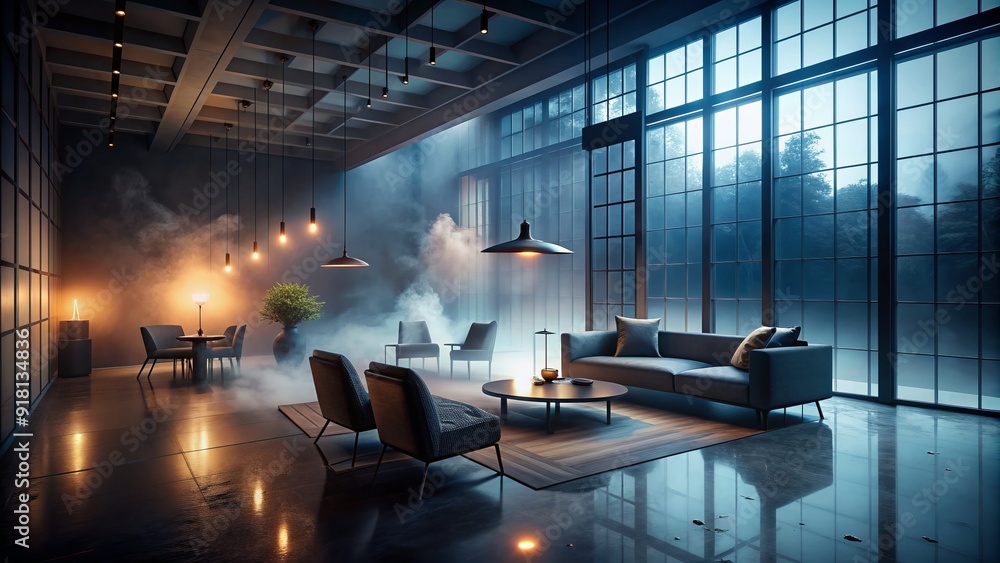 Mysterious atmosphere pervades a dimly lit, fog-enshrouded indoor space ...