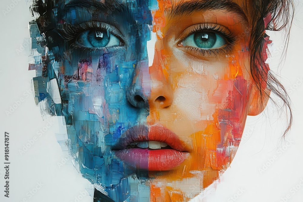 Surreal Portrait Collage Fragmented Faces Blending Into Abstract Shapes Vibrant Color Splashes