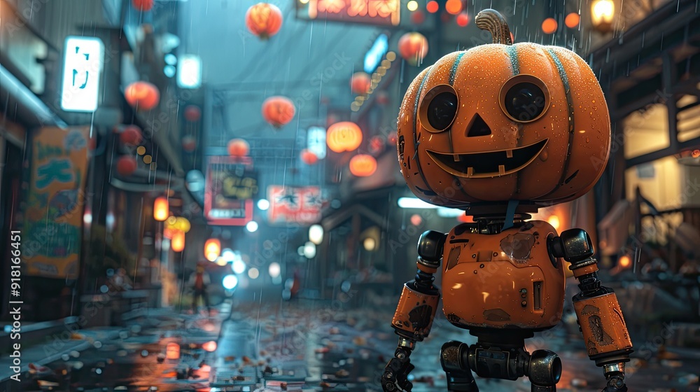 Illustration Stock Iconic robot character in a pumpkin costume, trick ...