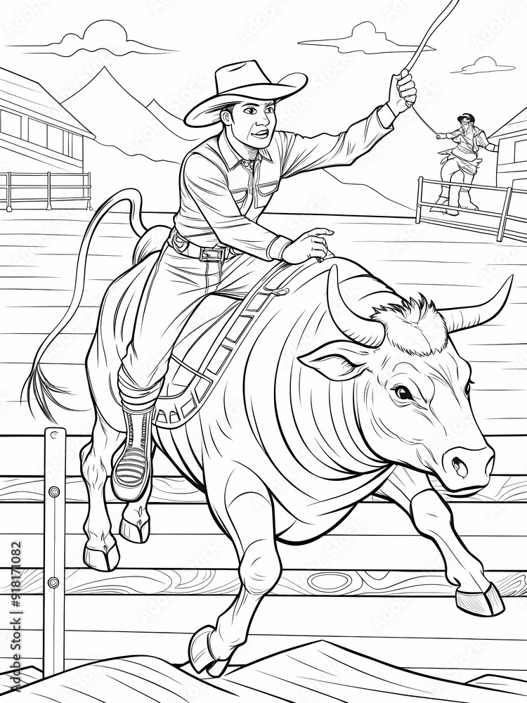 Rodeo Cowboy Bull Riding Coloring Page for Kids Stock Illustration ...