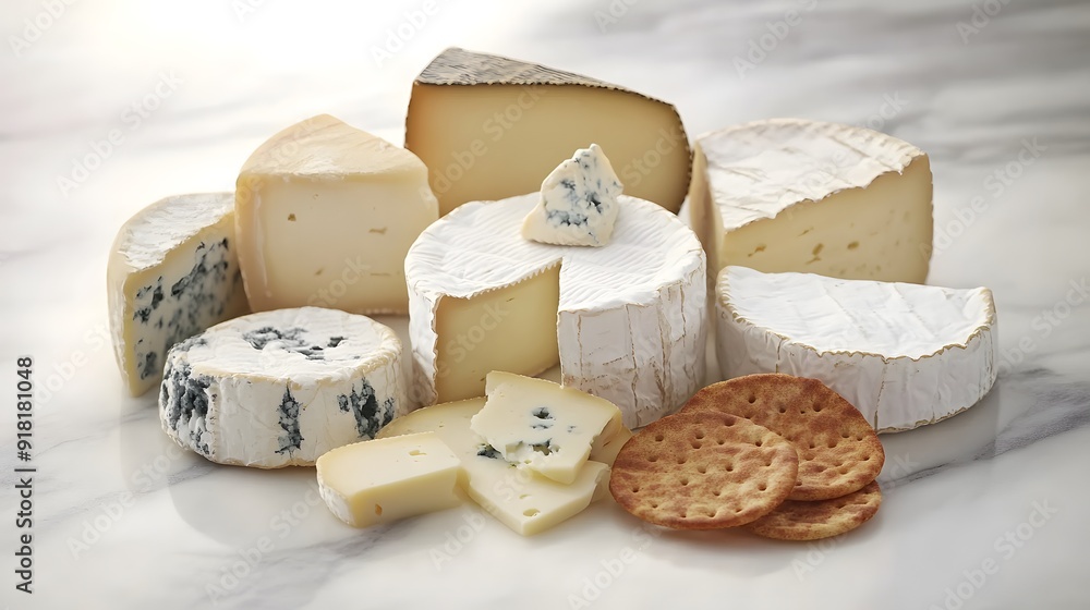 Artisanal cheese platter, white marble tabletop, variety of cheeses ...
