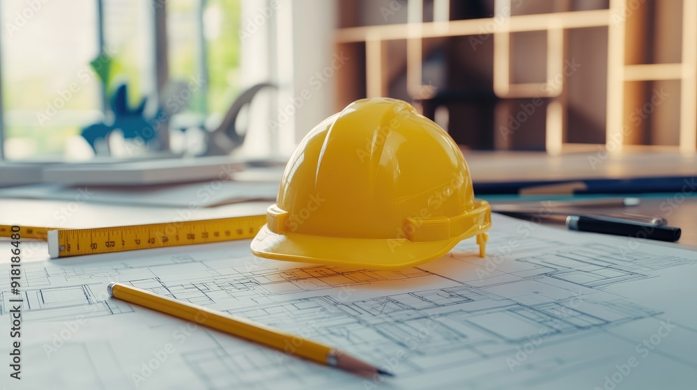 Blueprint floor plan architectural project on the table with yellow ...