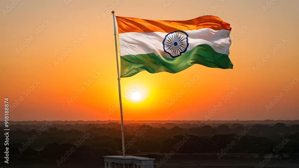 indian flag waving in the golden sunset, symbol of independence ...