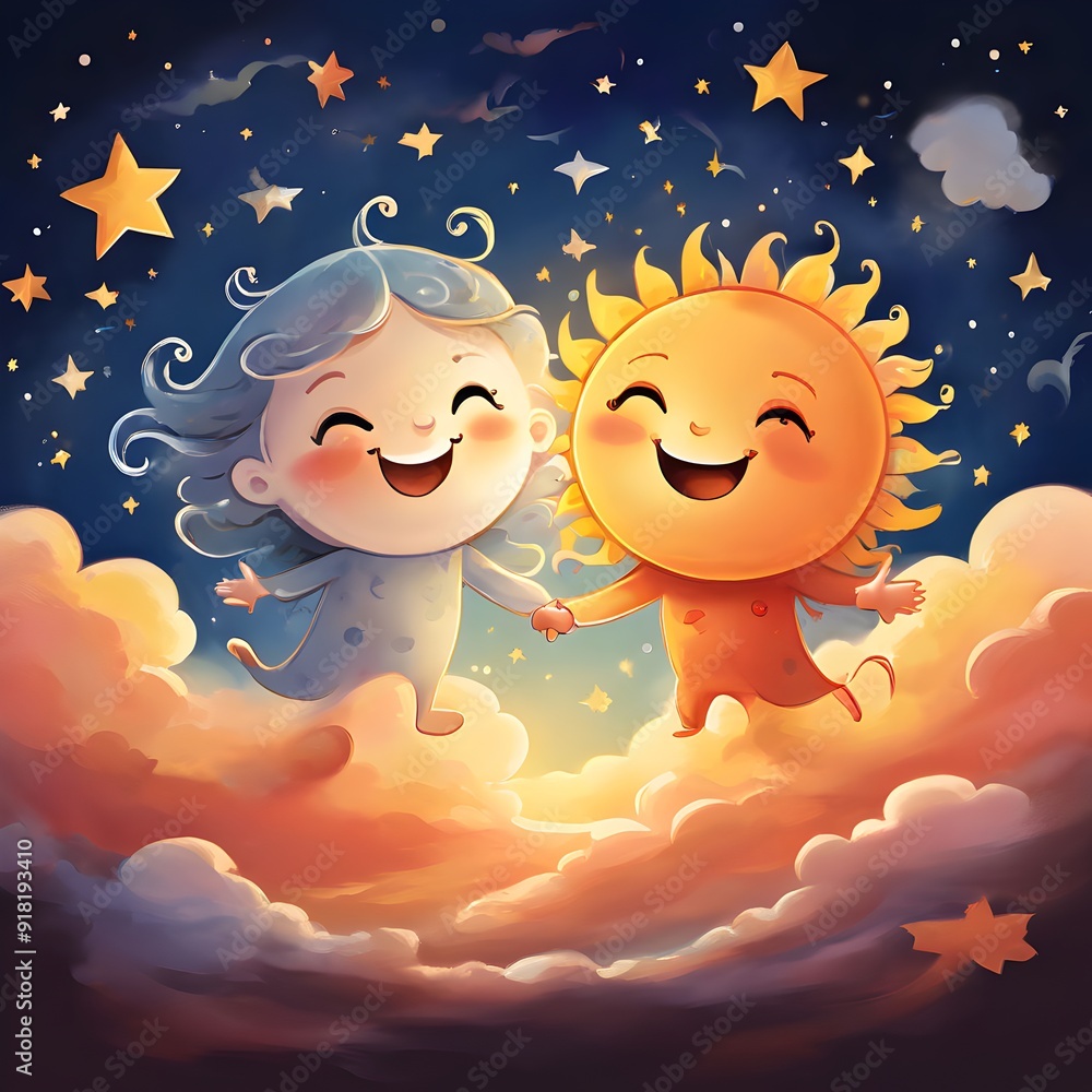 Sun and Moon Best Friends, sun and moon, cartoon friendship, dusk, dawn ...