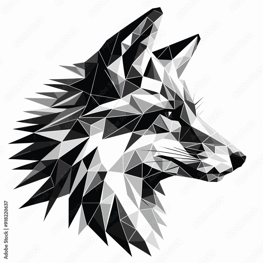 Geometric low poly wolf silhouette vector, black and white, abstract ...