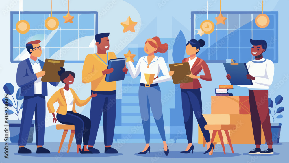 Workplace Awards Ceremony: Employees receiving awards or certificates ...
