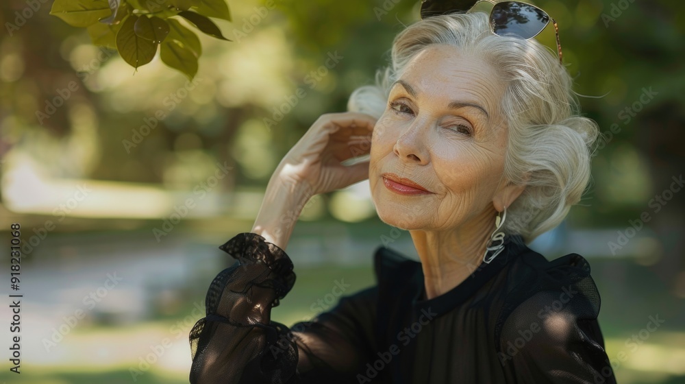 Stylish elderly woman in a black dress and sunglasses, exuding grace ...