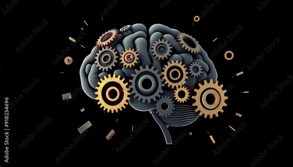 clean black background highlights a brain filled with intricate gears ...