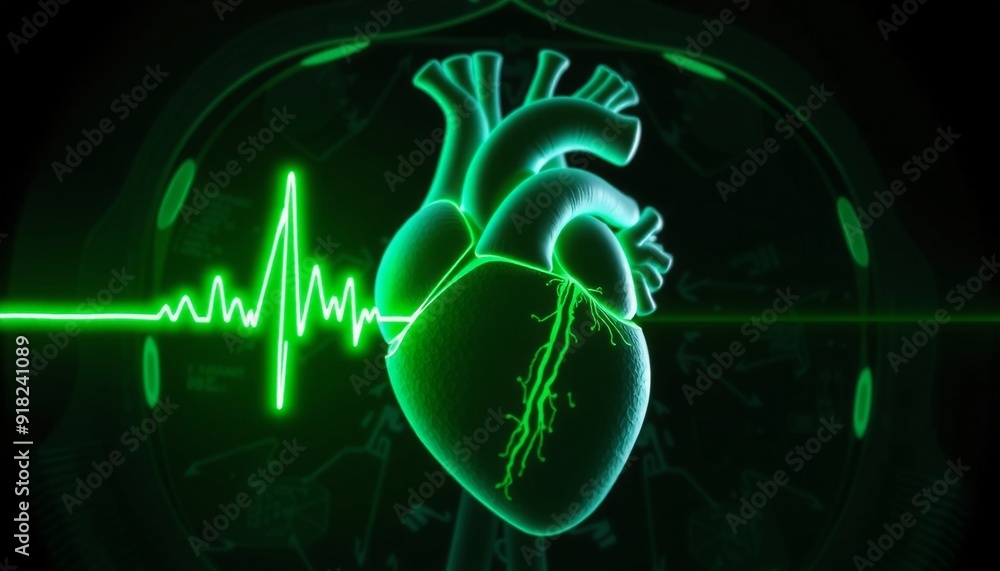 detailed heart CT scan model hyper-realistic central focus green neon ...