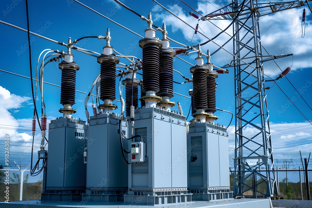 High voltage power transformer at an electric substation with blue sky ...