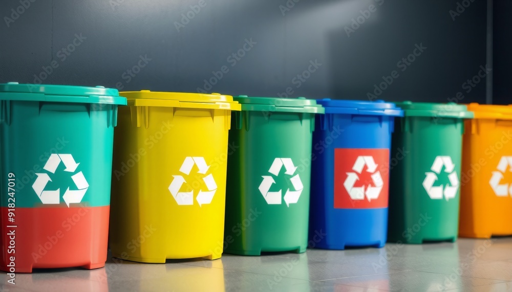 color-coded recycling bins arranged in a row each with a recycling ...