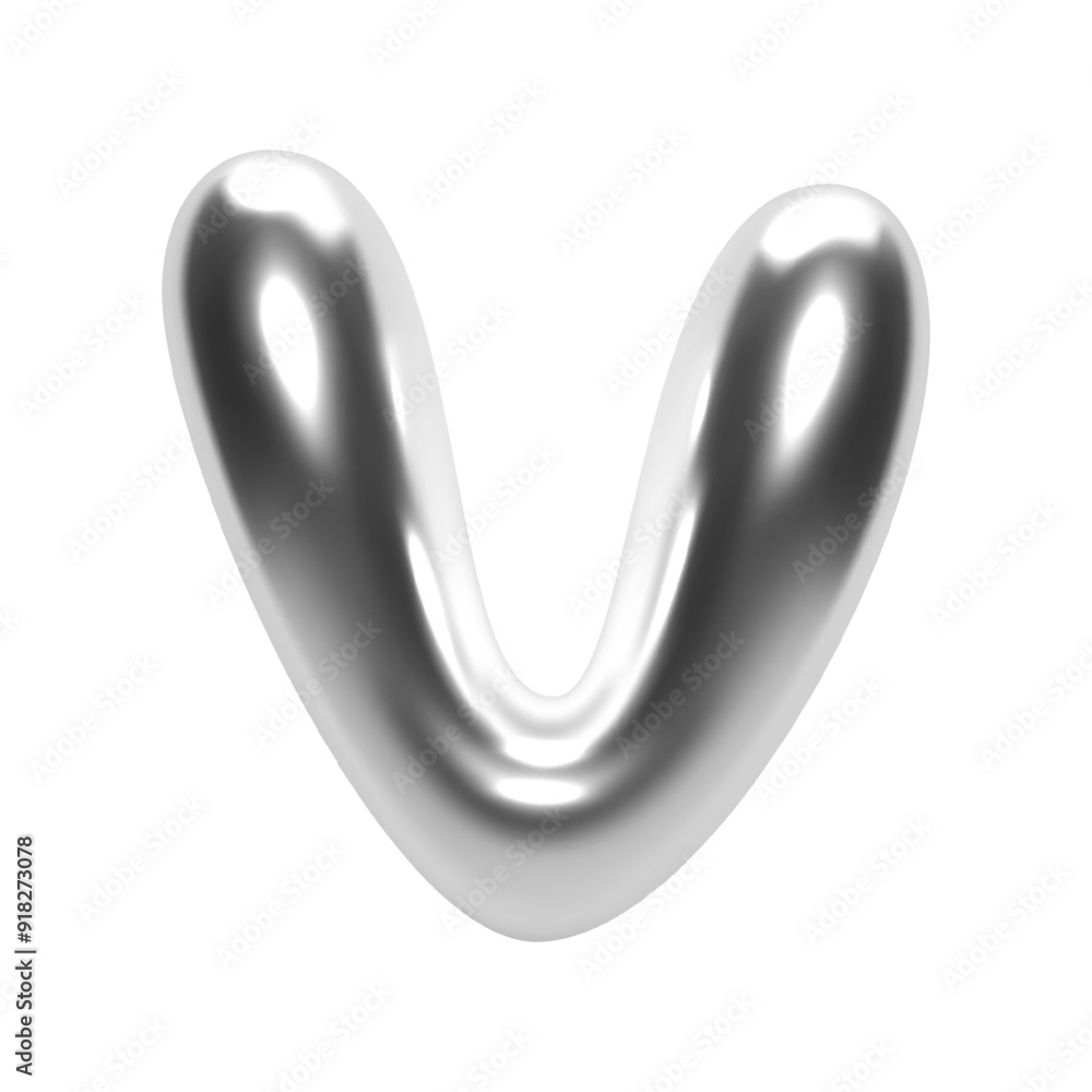 3D chrome bubble letter V in Y2K futuristic style. Shiny silver glossy ...