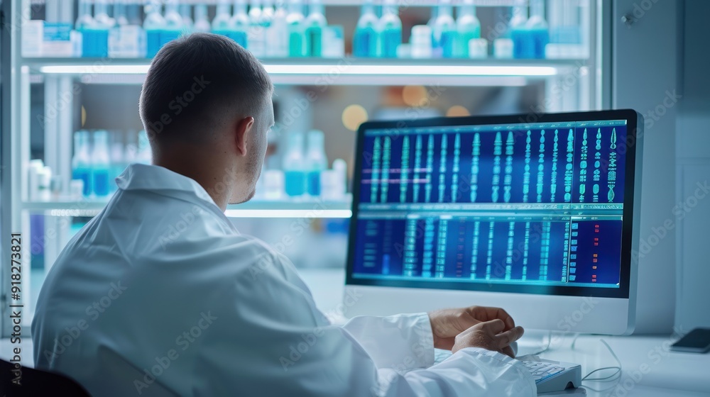 Biotechnology researcher documenting DNA test results on a computer in ...