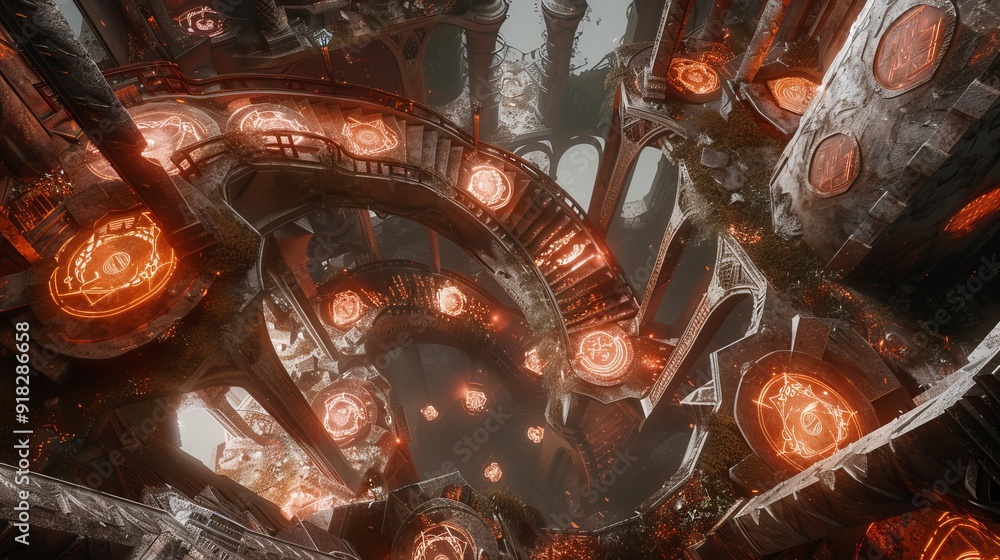 Aerial view of a spiraling sci-fi architecture with glowing orbs and ...