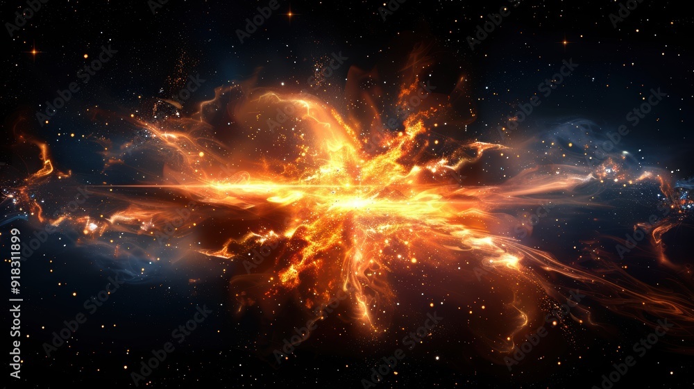 Abstract golden nebula with radiant light beams and dark shadows: High ...