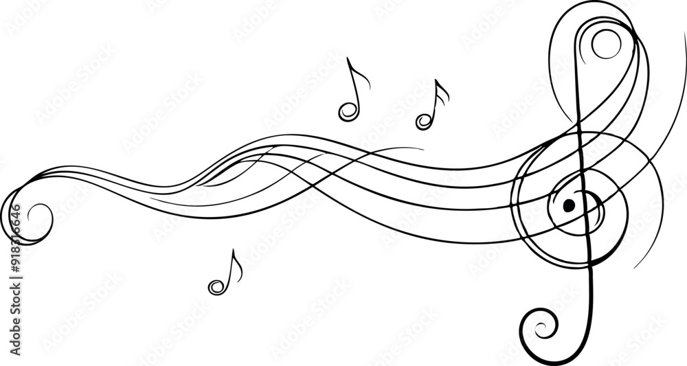 continuous single line drawing of music notes and treble clef, abstract ...