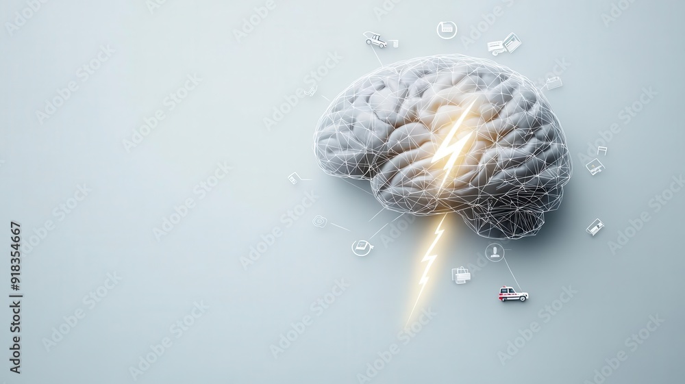Brain with lightning bolt symbolizing a stroke and emergency icons like ...