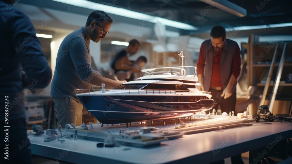 Engineers meticulously work on a detailed yacht model in a workshop, highlighting innovation and ...