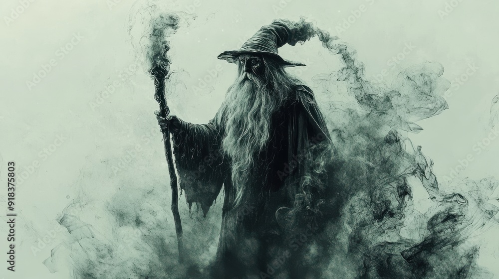 An ink drop forming the shape of a wise old wizard with a staff ...