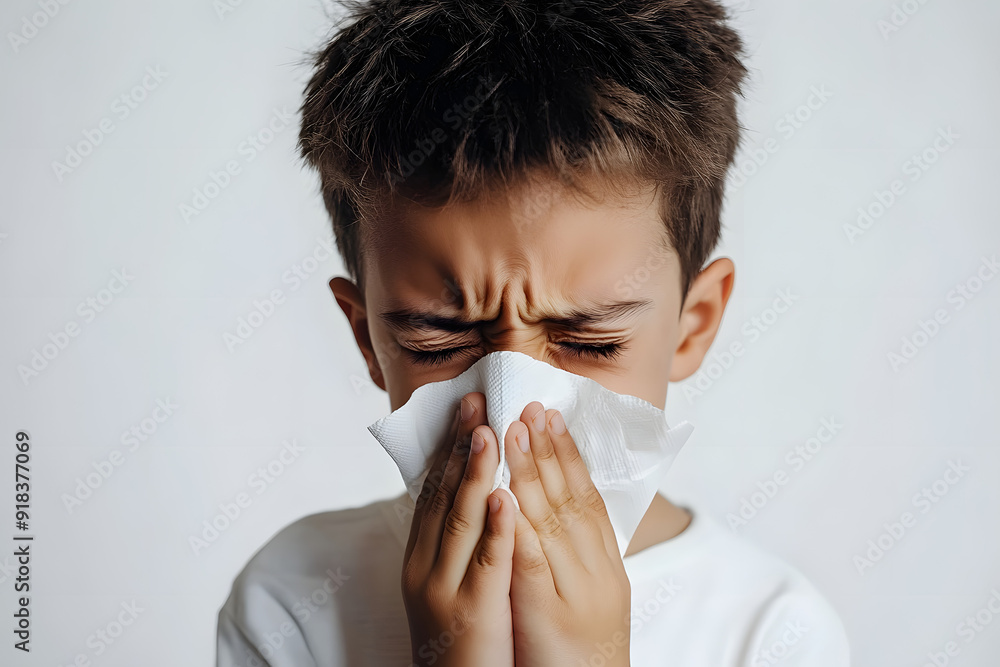 Young boy sneezing into a tissue with a plain white background ...