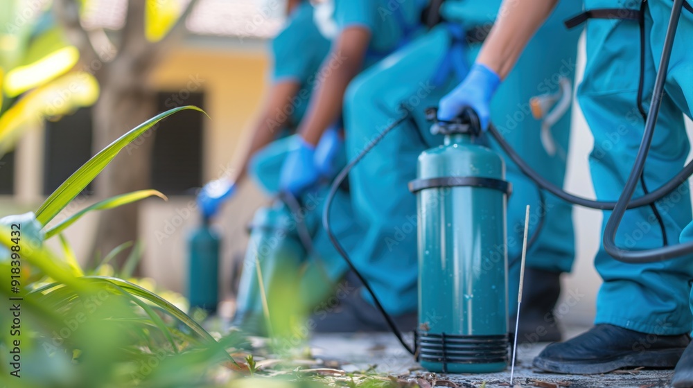 Team of pest control experts setting traps and bait stations around a ...
