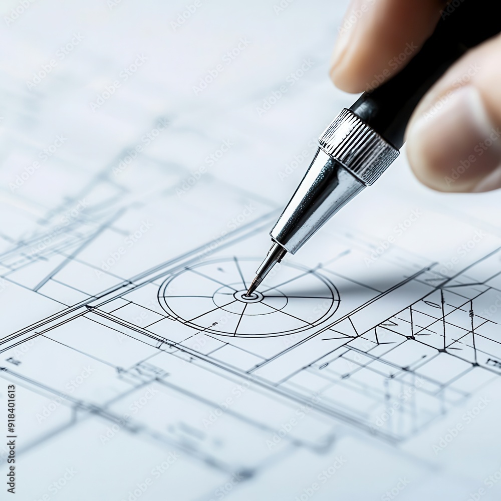 Closeup of a drafting compass drawing a circle on a structural plan ...