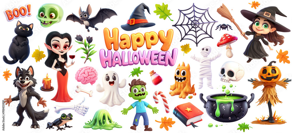 Big set of different cartoon Halloween creatures and objects isolated ...