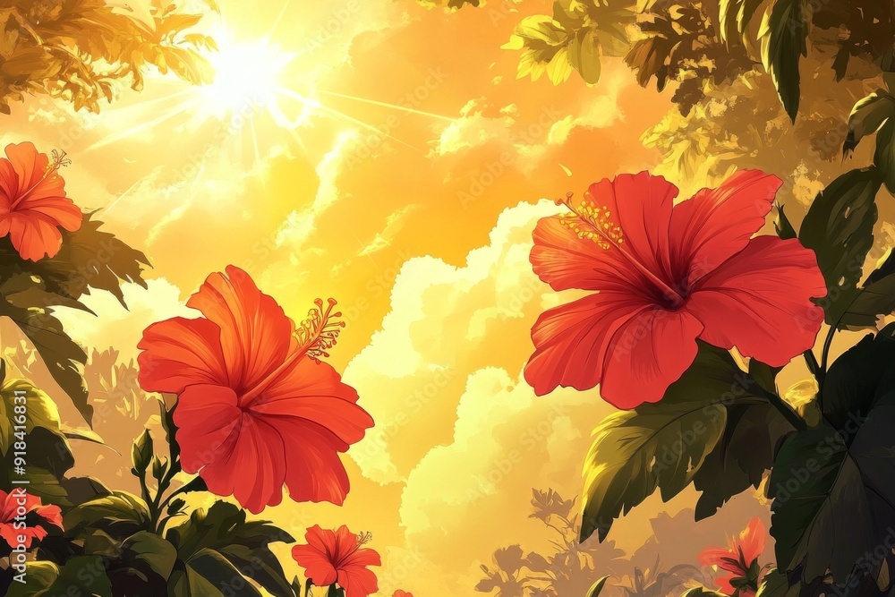 Tropical Hibiscus Blooms Under a Warm, Golden Sky, Exuding an Anime ...
