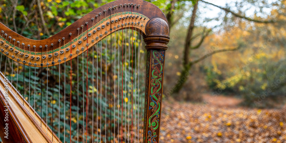 Harp with Celtic knots design in the forest, traditional folk music ...