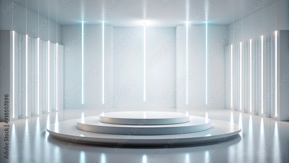 Modern, white minimalistic stage with vertical glowing LED lines, set ...