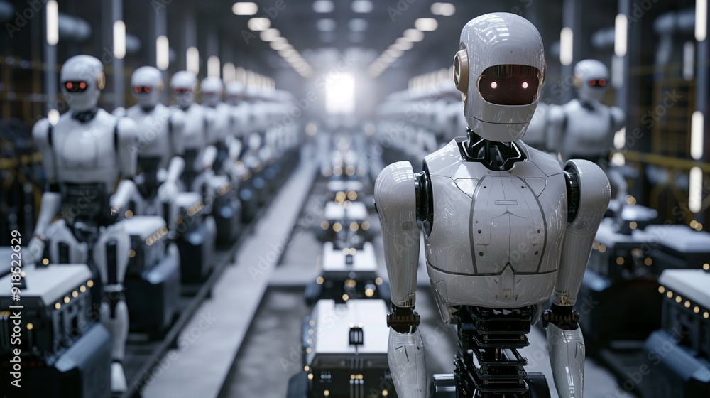 robotics factory with automated assembly lines and robots programmed ...