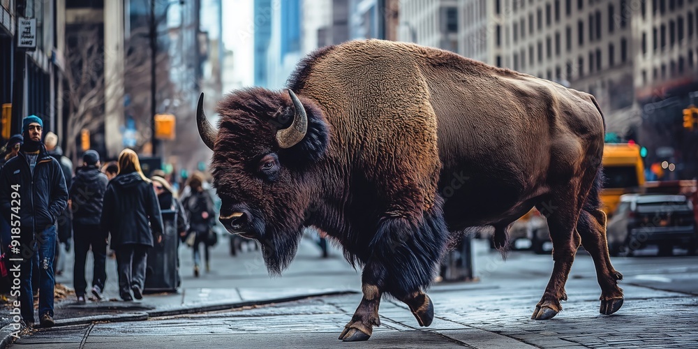 A photo of a bison exploring the city in New York. Demonstrating ...