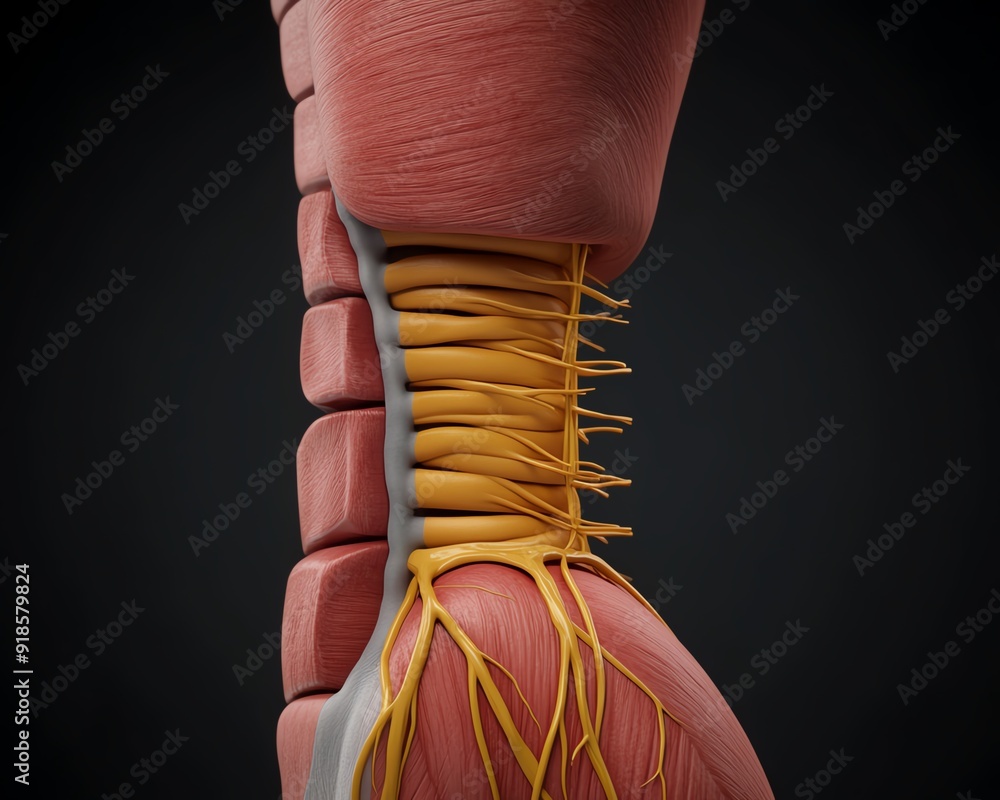 Closeup of the abdominal muscles with nerve connections highlighted ...