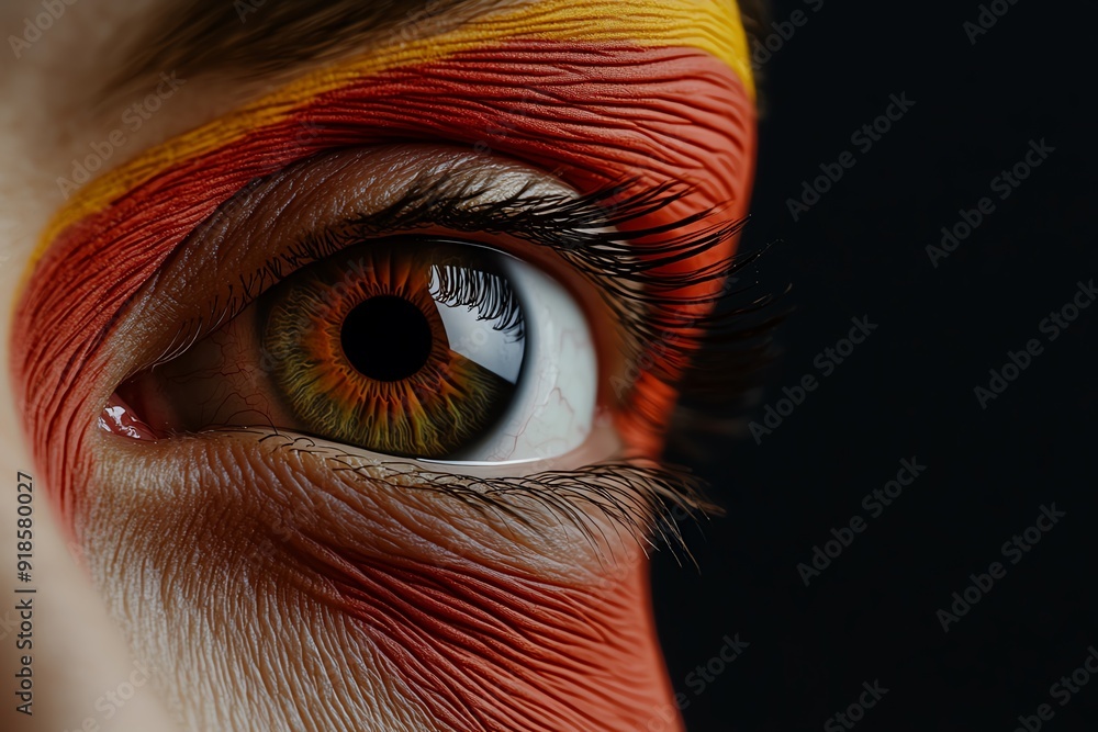 Closeup of the muscles around the eye with optic nerves visible ...