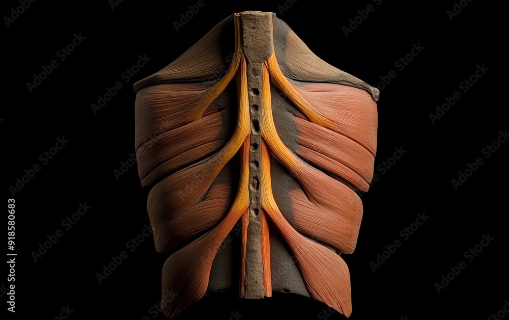 Detailed view of the lower back muscles with spinal nerves branching ...